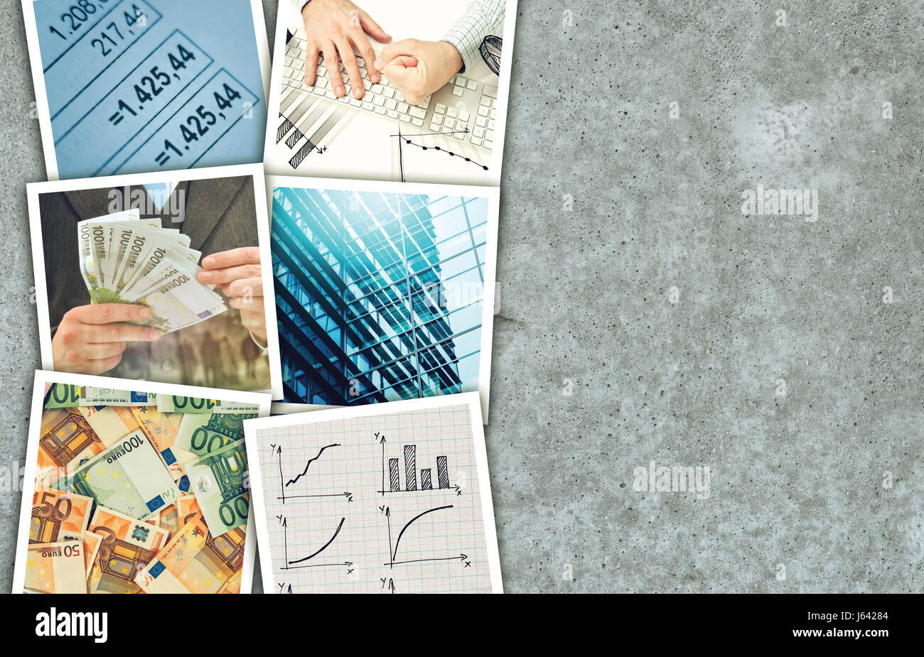 Business and entrepreneurship photo collage over gray concrete ...