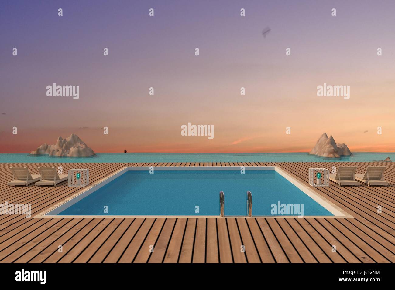 luxury swimming pool with beach lounge seaview in 3D rendering Stock ...