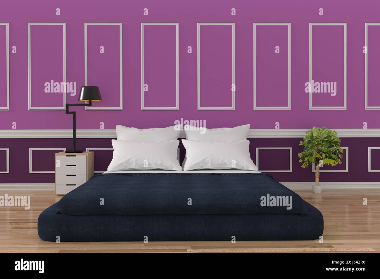 minimalist bedroom loft interior design in purple wall and wood floor ...