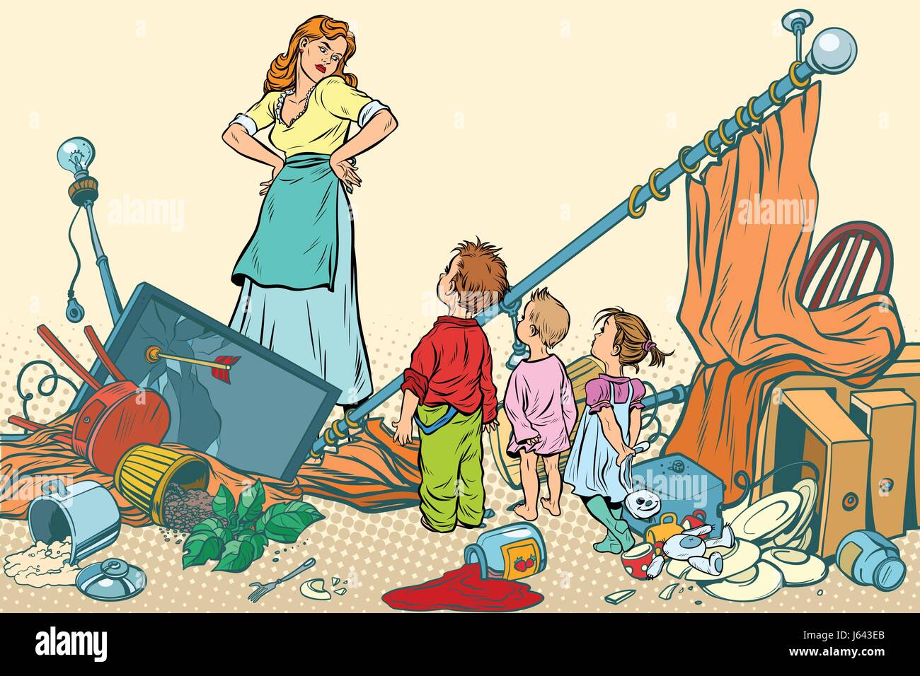 Terrible mother and the kids made a mess at home. Comic book cartoon ...
