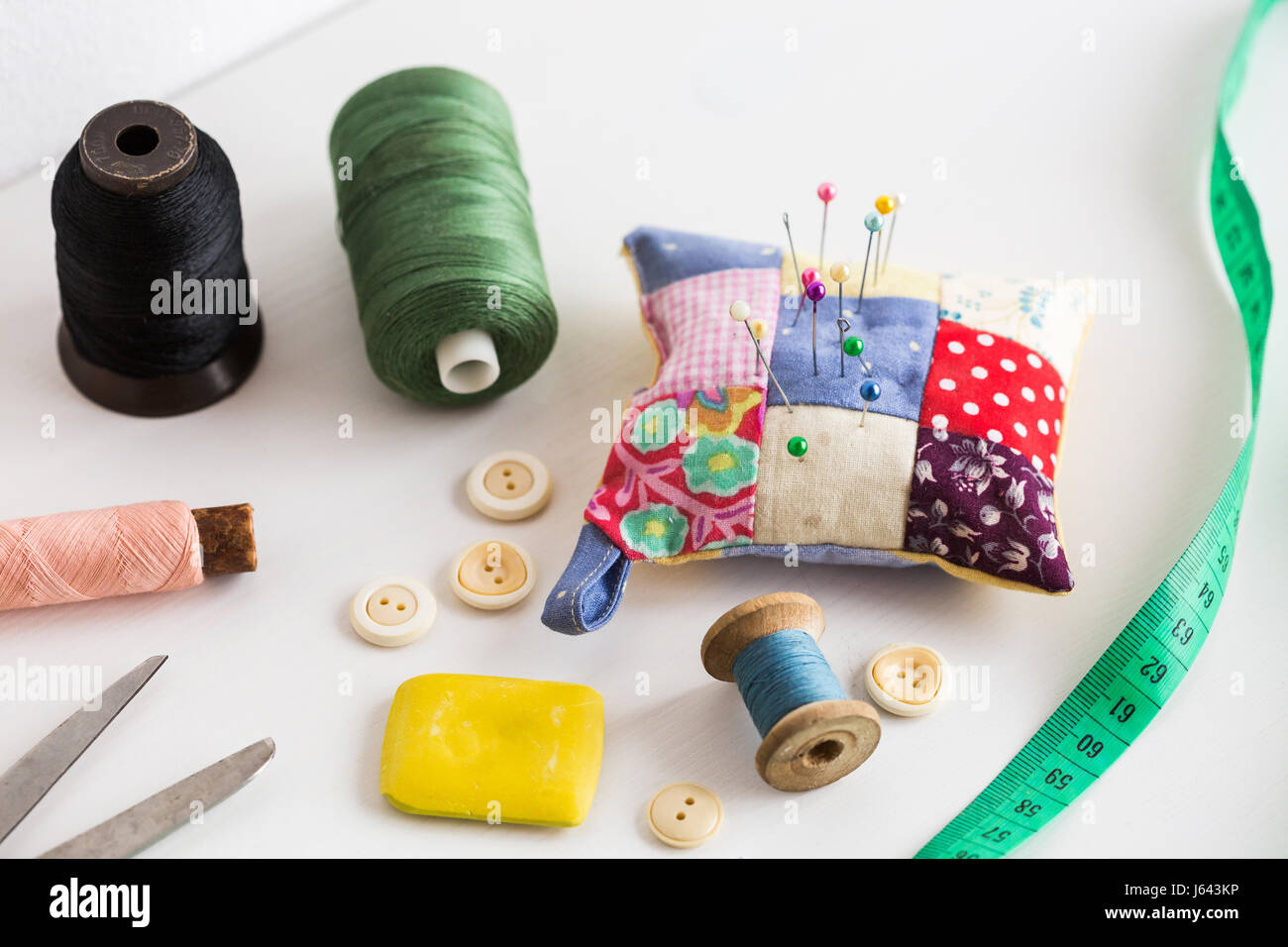 closeup sewing tools , patchwork, tailoring and fashion concept ...