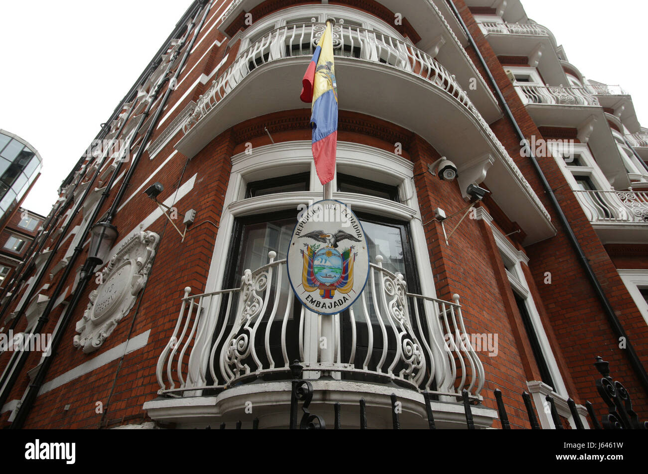 The Ecuadorian flag flies outside the embassy in London after Sweden's ...
