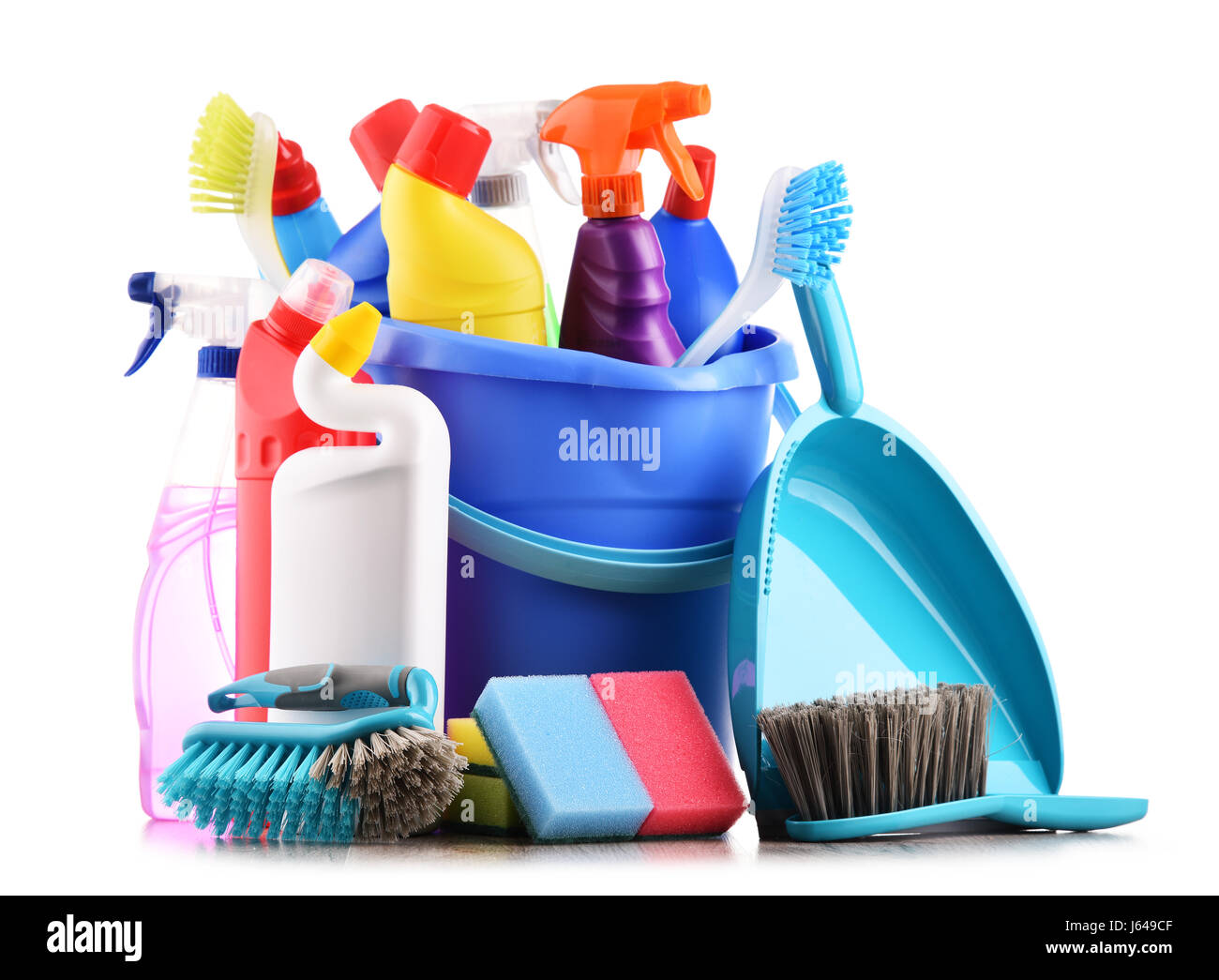 Variety of detergent bottles and chemical cleaning supplies isolated on ...