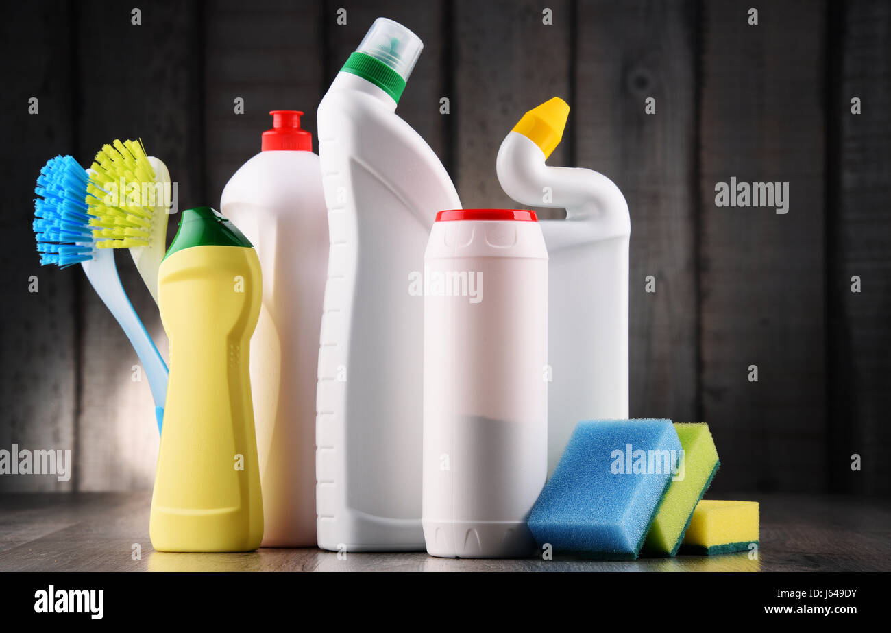 Variety of detergent bottles and chemical cleaning supplies Stock Photo ...