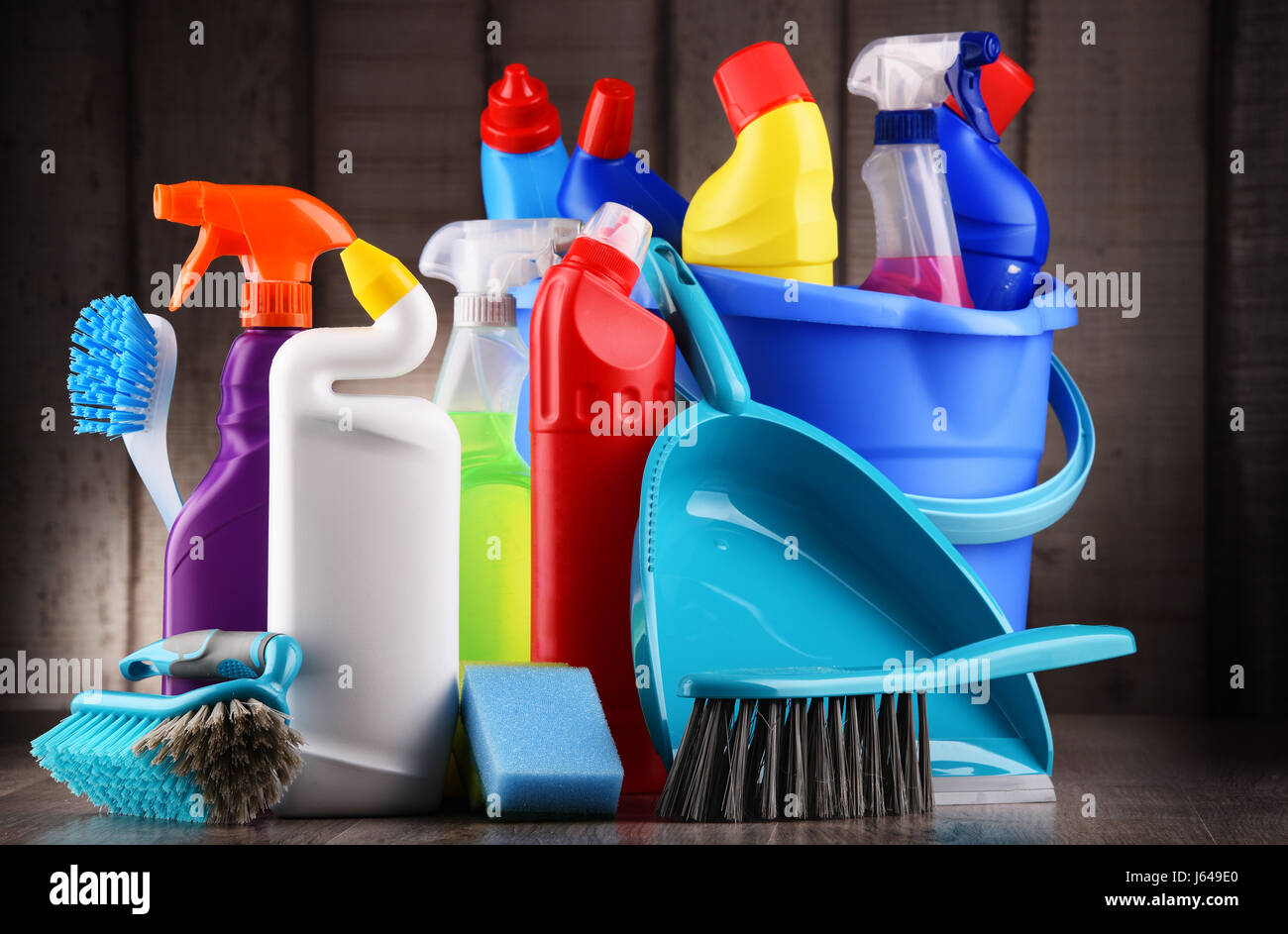 Variety of detergent bottles and chemical cleaning supplies Stock Photo ...