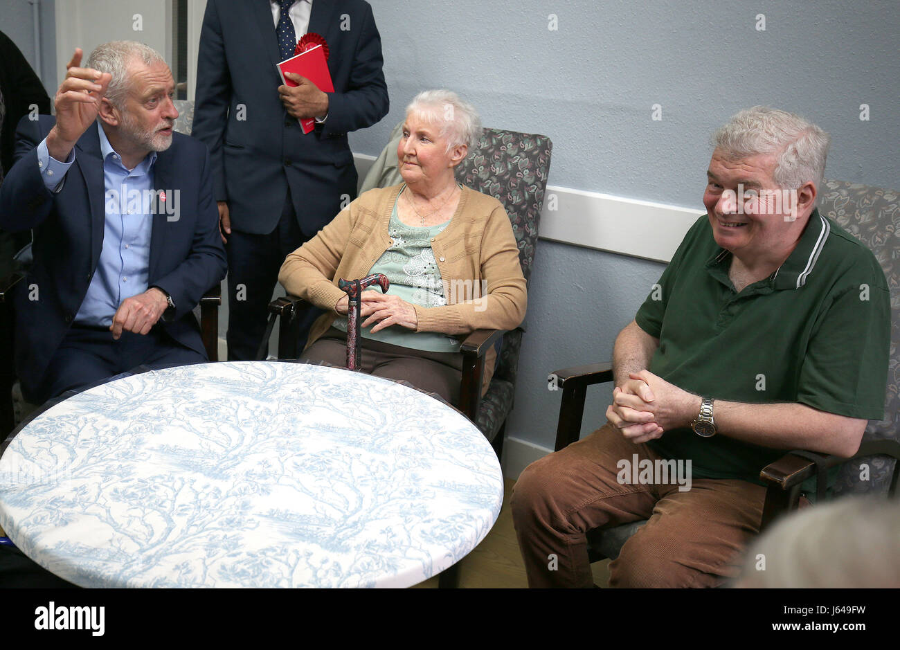 Labour leader Jeremy Corbyn (left) speaks to Pamela Hancock and John ...