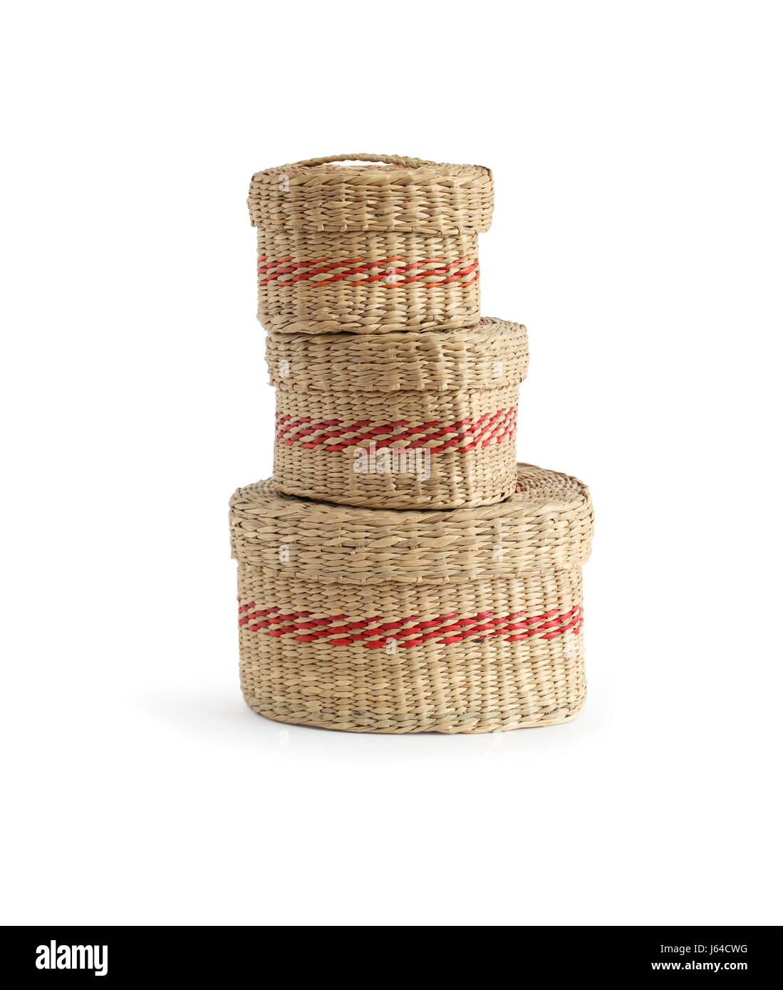Stack of three wicker baskets on white background. Isolated with ...