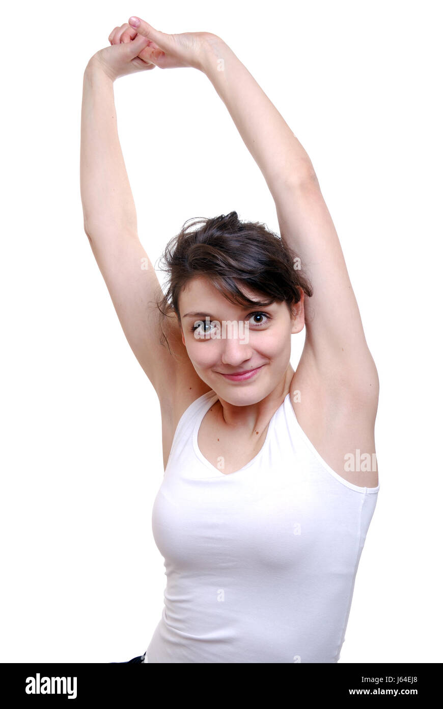 woman sport sports warm-up strain stretching fitness laugh laughs ...