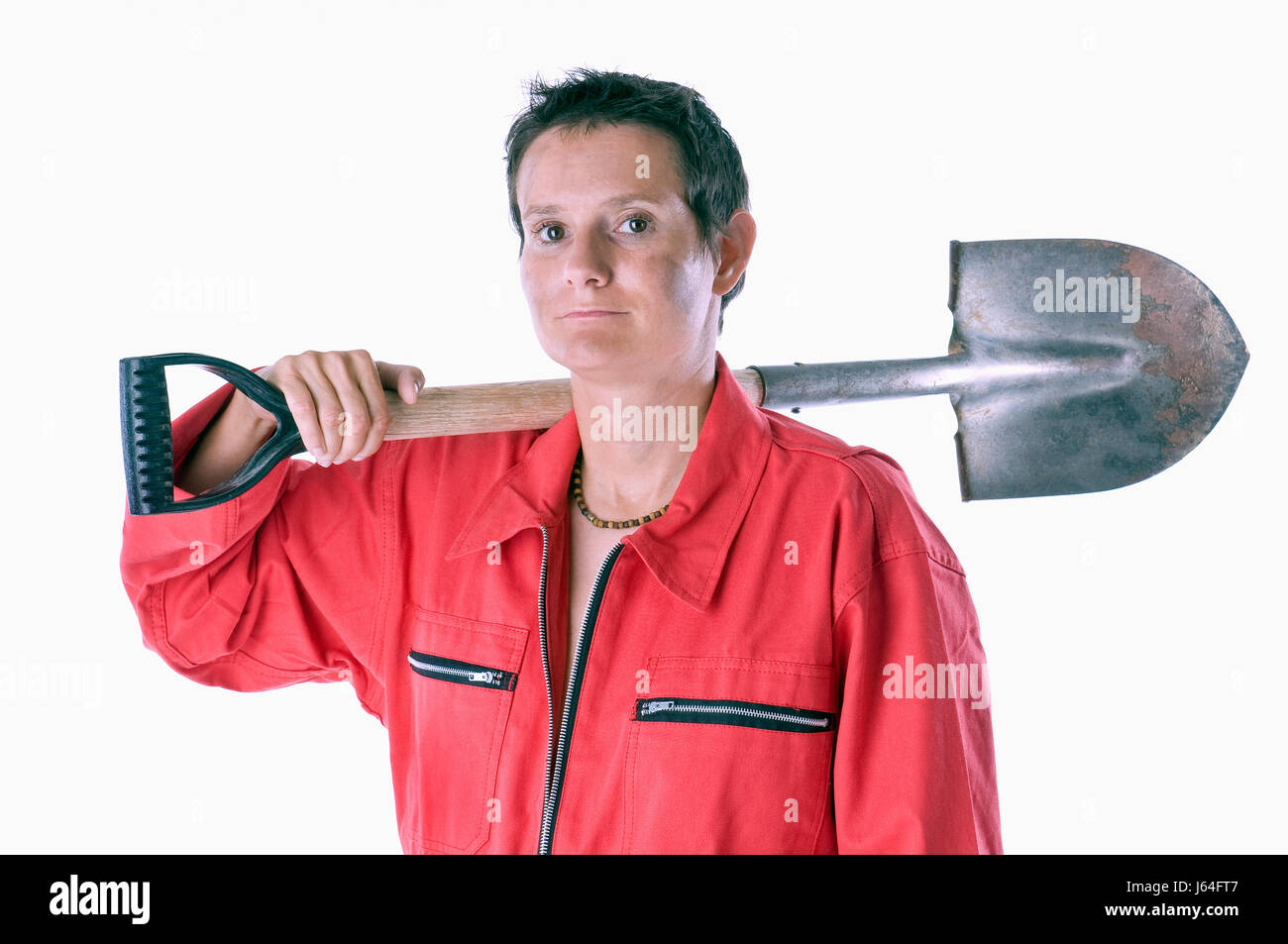 woman craftsman tradesman handicraftsman working clothes shoulders ...