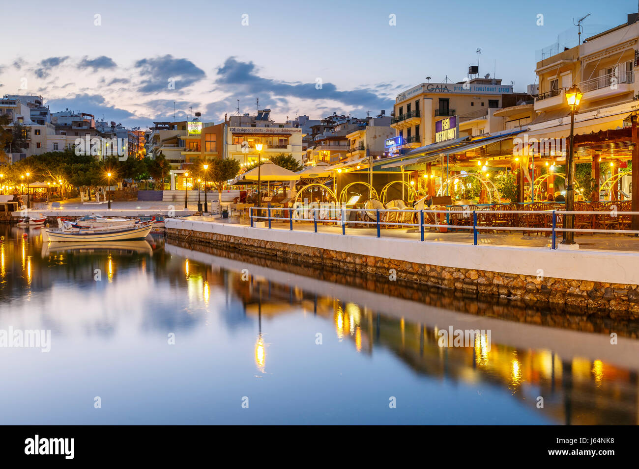 Evening view of Agios Nikolaos and its harbor, Crete, Greece Stock ...