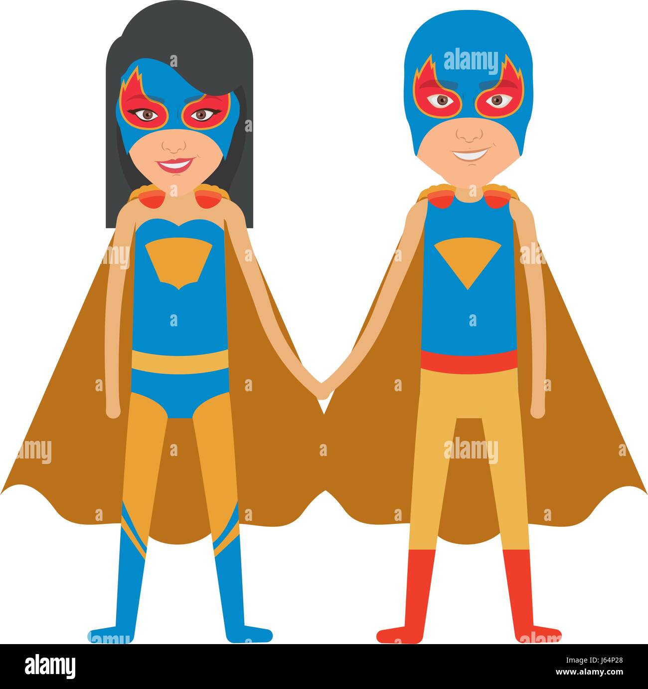colorful silhouette with duo of superheroes united of the hands and her ...