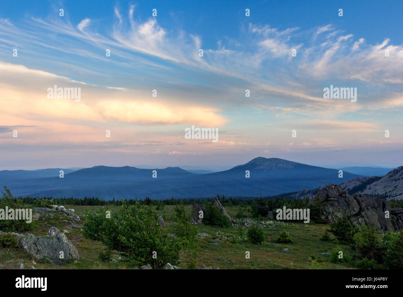 Sunset in the mountains of the Southern Urals. Beautiful sunset sky ...