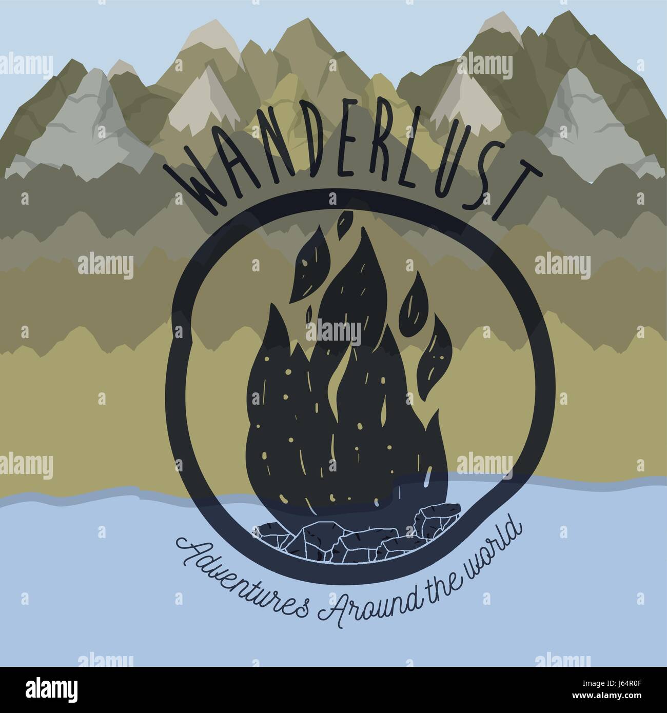 background blur forest scenary with lake and wanderlust logo wood fire ...