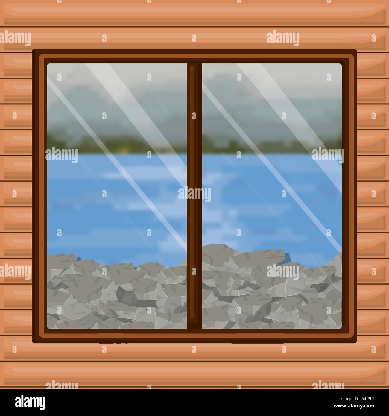 background interior wooden cabin with blur river with rocks scenary ...