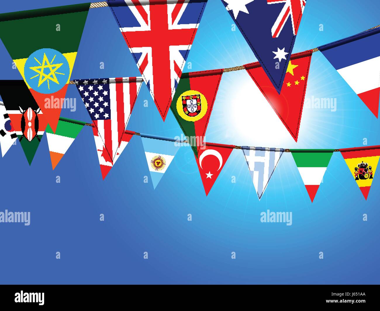 Colorful World Flags Bunting Over Deep Blue Sunny Sky Background Stock ...
