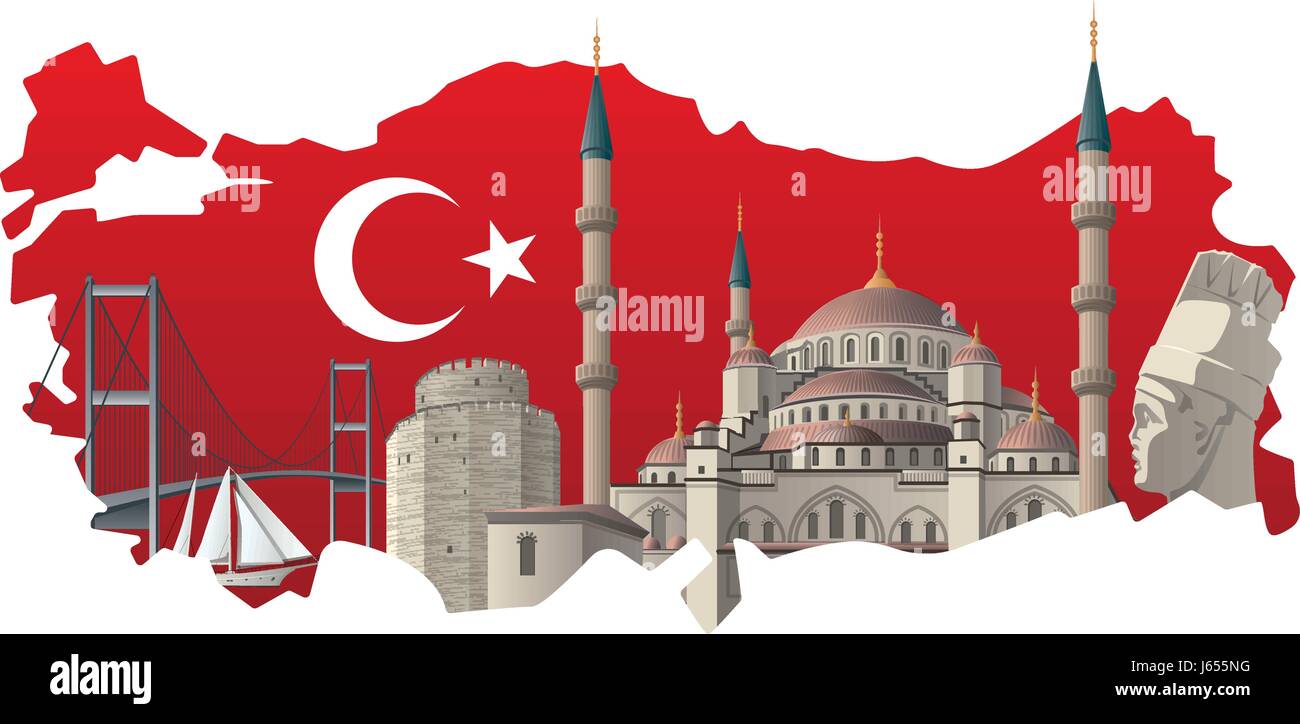 concept illustration of turkish map and flag with famous landmarks ...