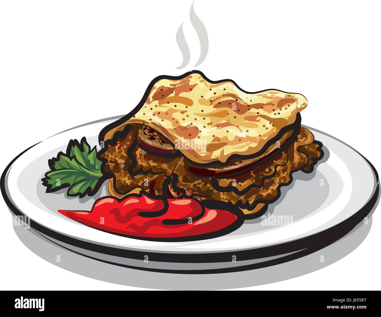 illustration of greek moussaka with tomato sauce on plate Stock Vector ...