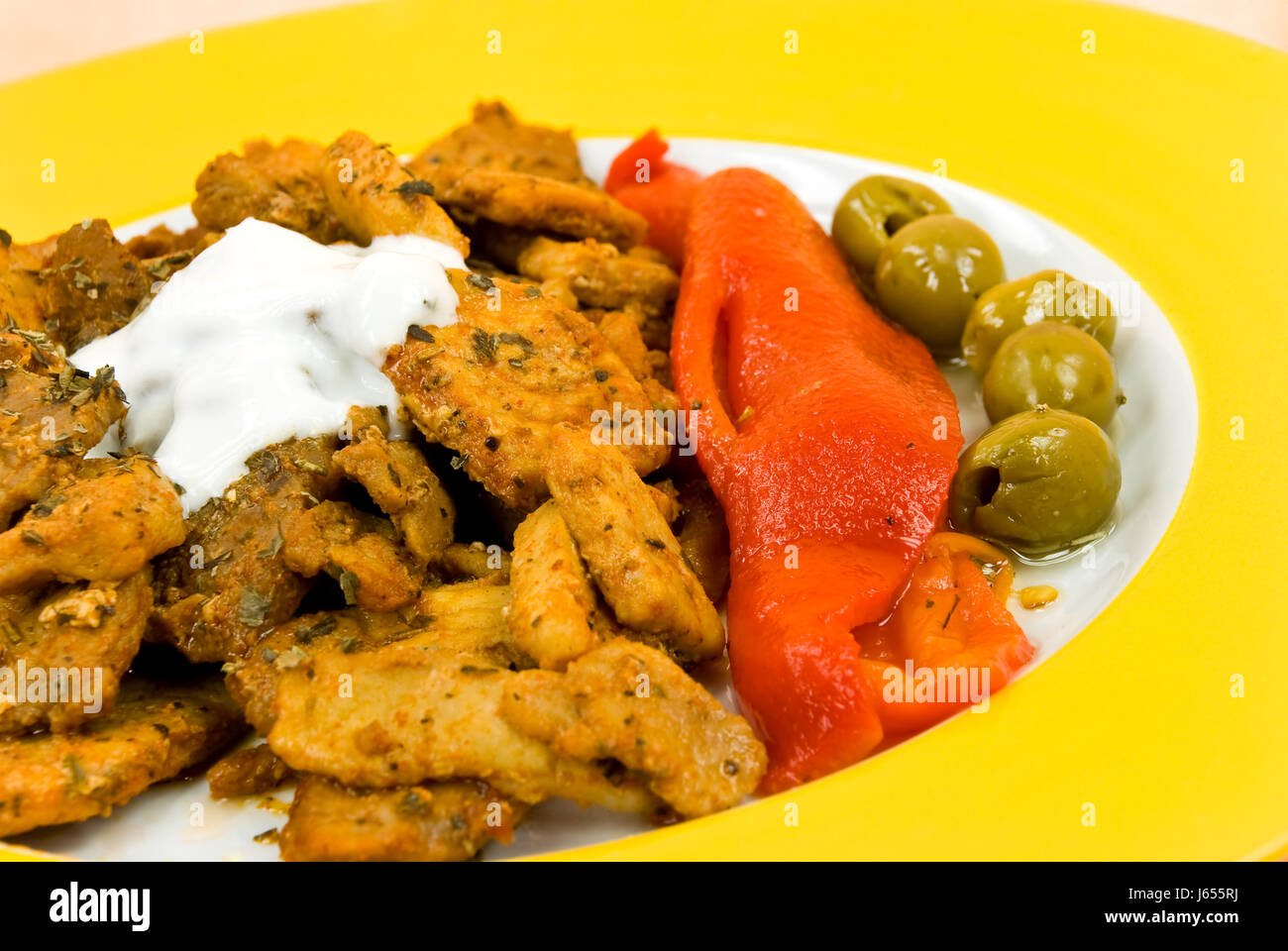 greek plate meat cut into stripes pork roast fry food aliment greek ...