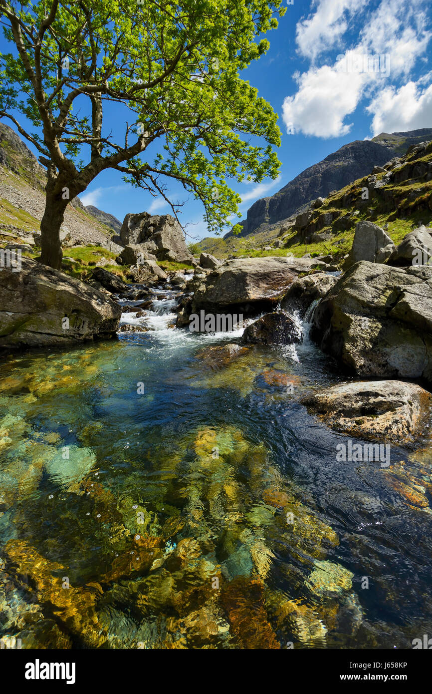 Crystal clear waters of Afon Nant Peris flowing through the Llanberis ...