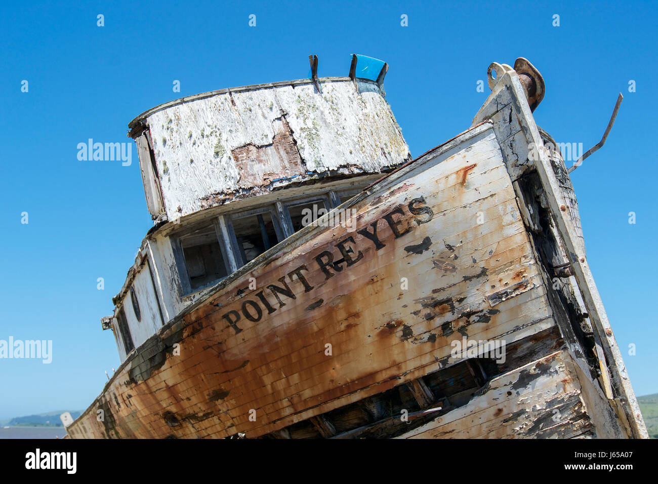 Front side detail of an abandoned ship at Inverness, Point Reyes ...