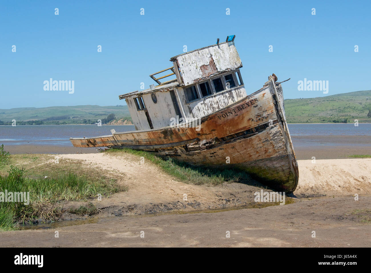 Lateral, panoramic view of an abandoned ship at Inverness, Point Reyes ...