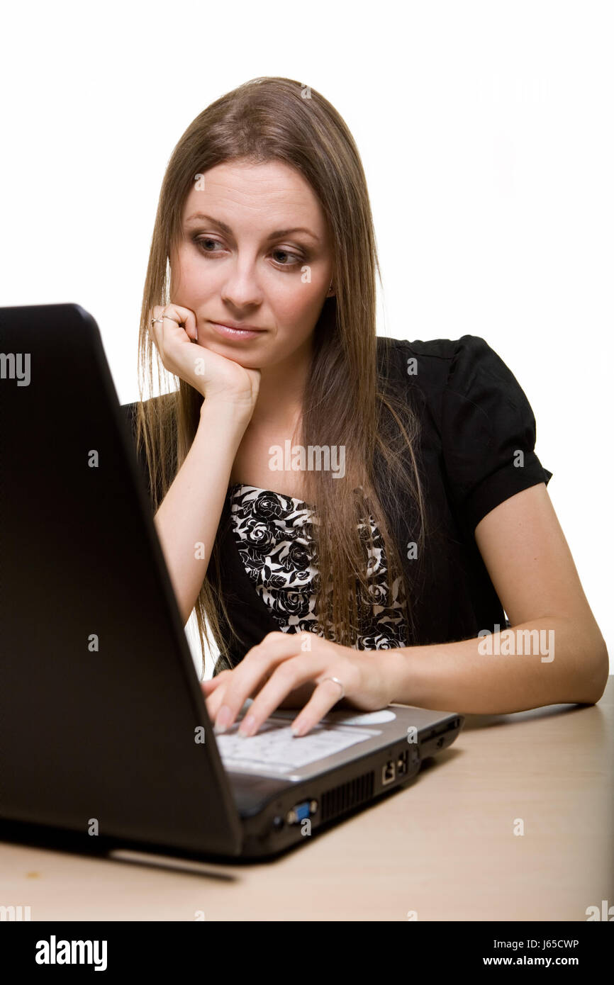 woman laptop notebook computers computer work factory bored woman ...