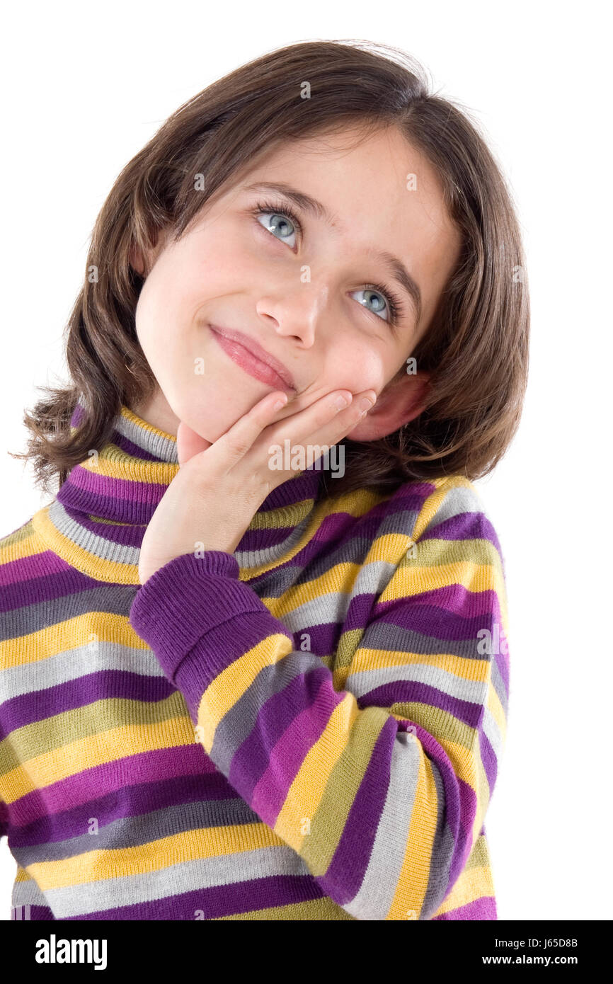 portrait thinking adorable girl girls gesture blue humans human beings ...
