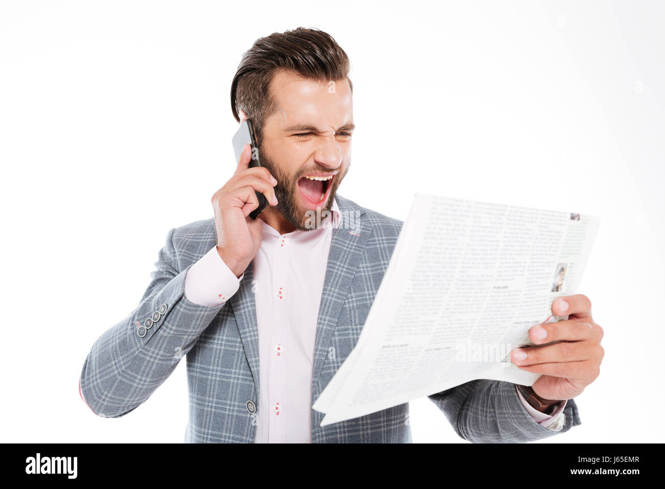 Picture of screaming young man standing isolated over white background ...