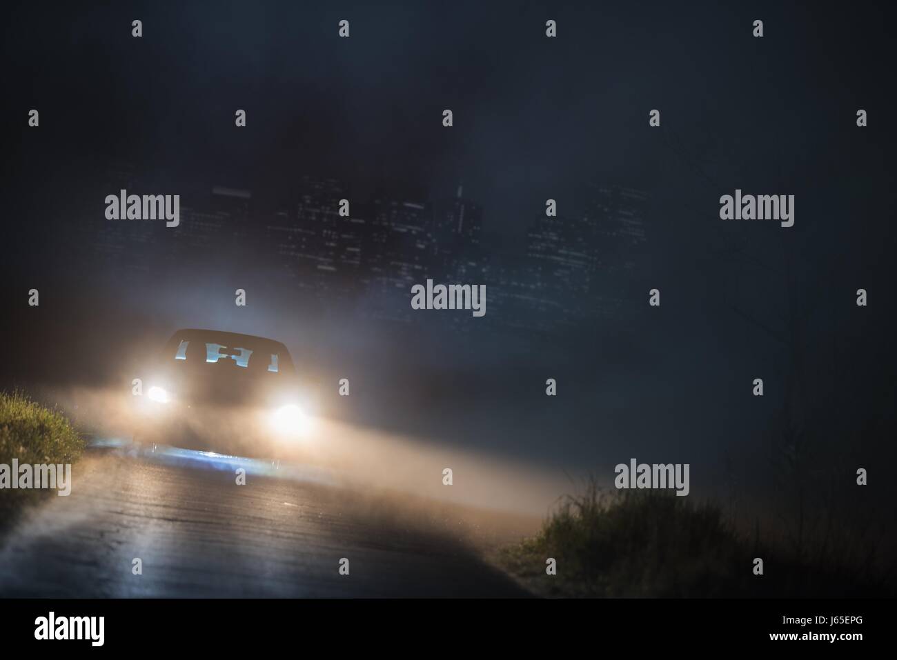 Escaping City Smog at Night Concept. Car in a Heavy Smog and the City ...