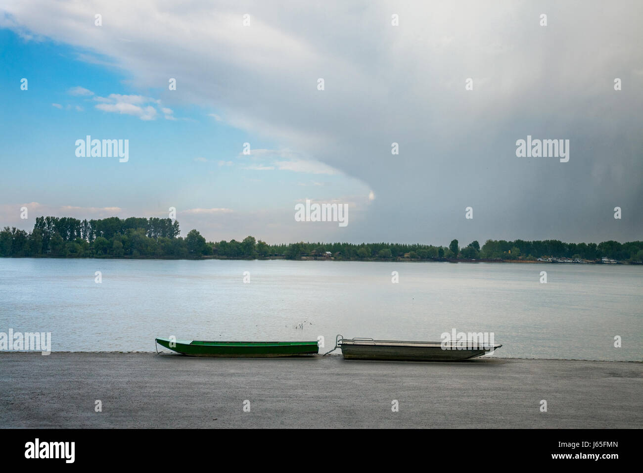 Two fishing boats on Zemun Quay (Zemunski kej) in a cloudy afternoon ...