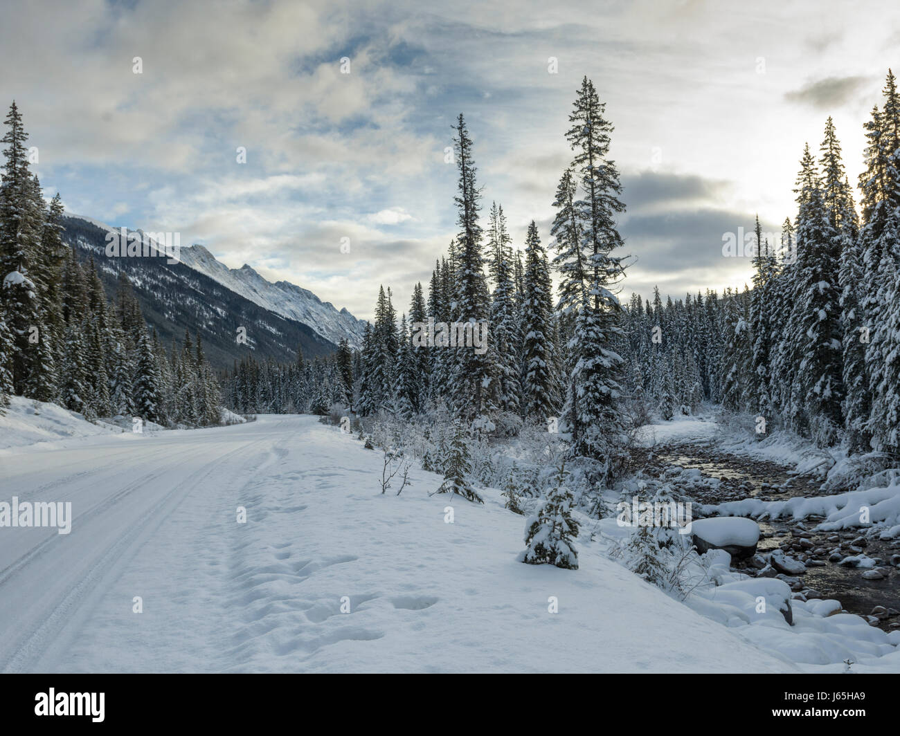 Snow covered road leading toward mountain range, Maligne Lake, Jasper ...