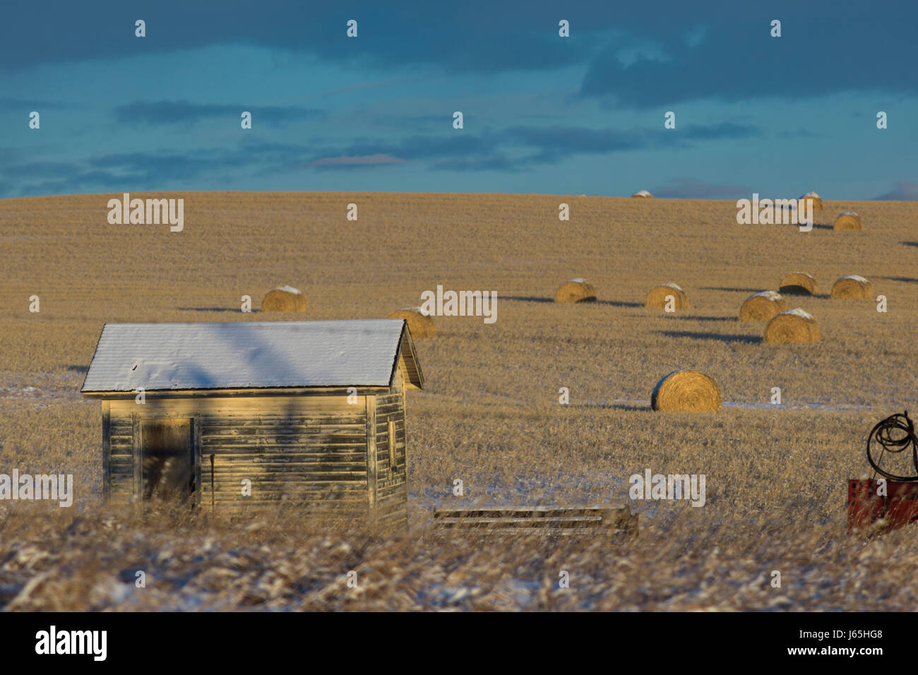 Barn and hay bales in a field, Cowboy Trail, Alberta Highway 22 ...