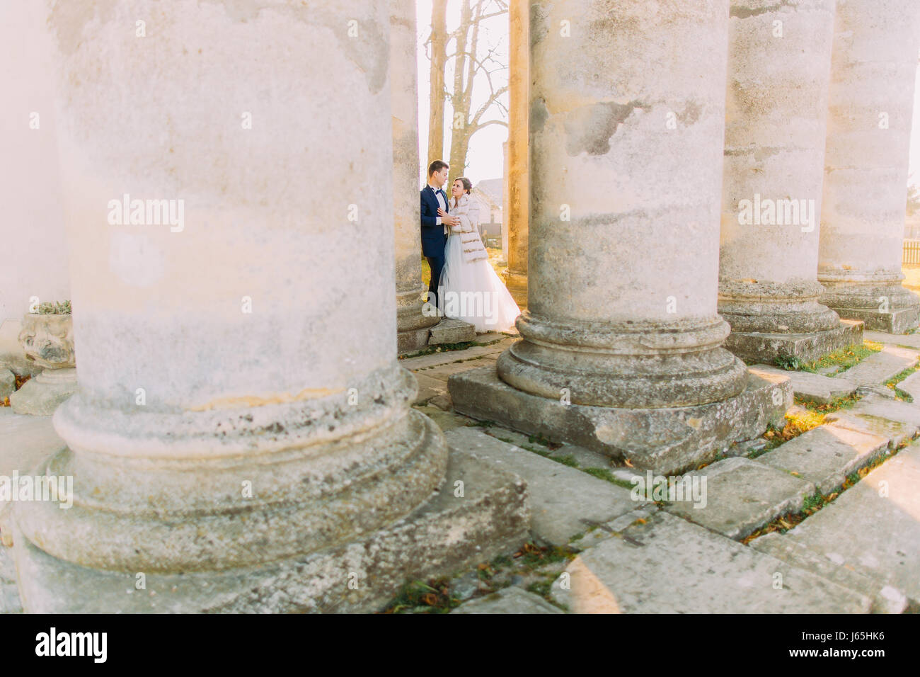 The newlyweds are holding hands and standing among columns Stock Photo ...