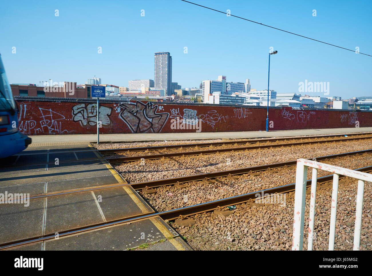 Sheffield cityscape with graffiti and tram tracks, Sheffield, South ...