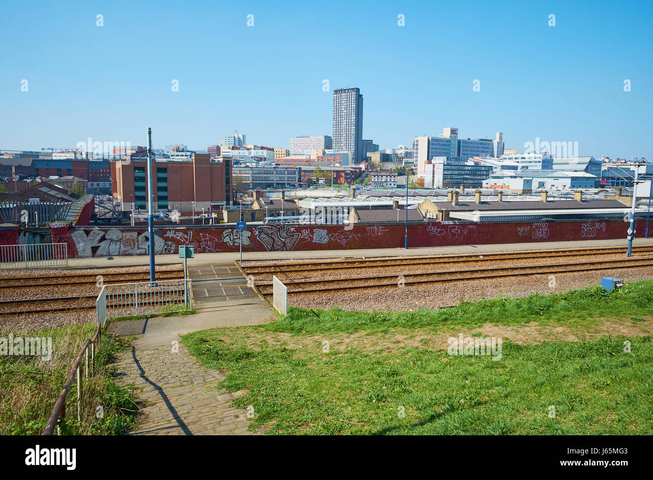 Sheffield cityscape with railway station and tram tracks, Sheffield ...