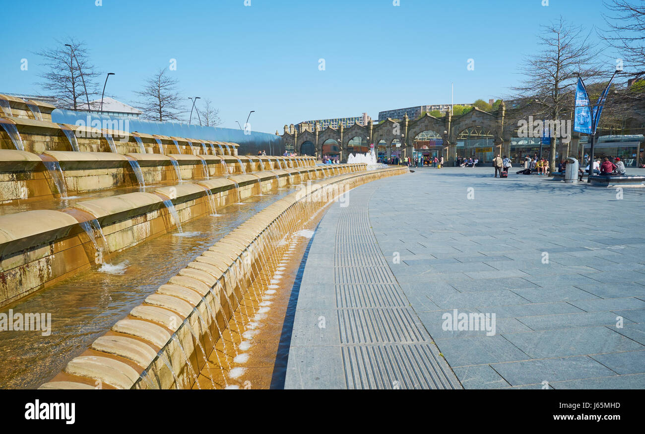 Sheffield train station, steel sculpture water cascade and fountains ...