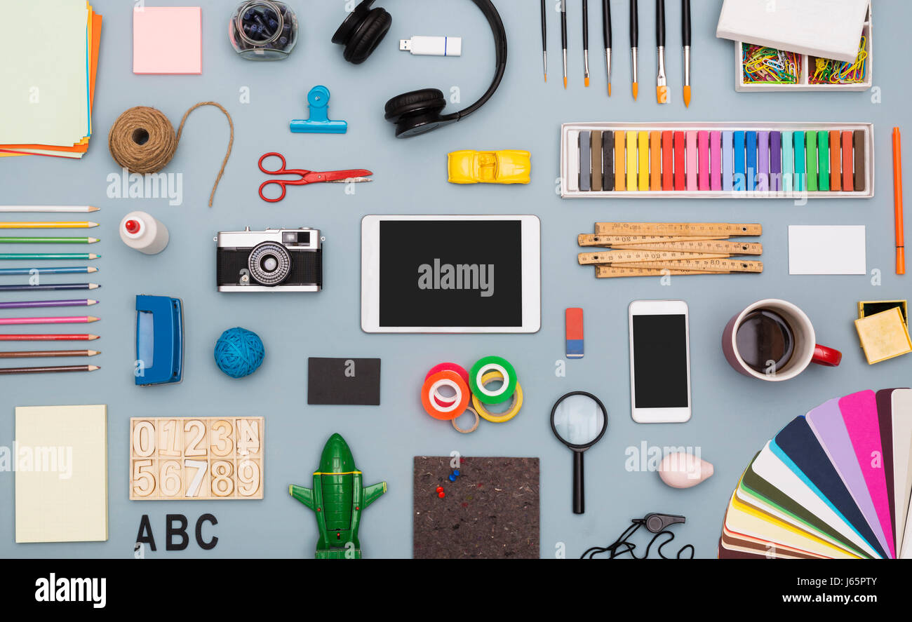 creative items tablet and mobile background Stock Photo - Alamy