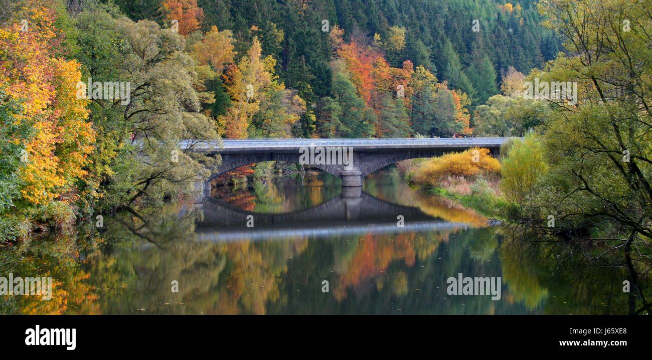 bridge erz-mountains river water fall autumn tree trees bridge ...