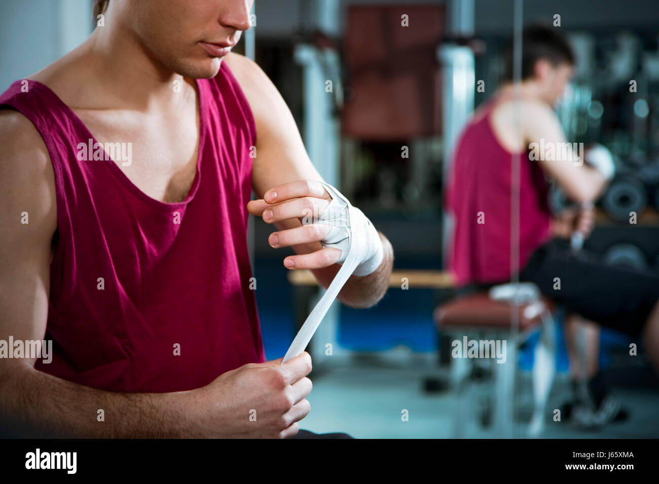 hand put sitting sit boxer wrapping tape boxing man guy humans human ...