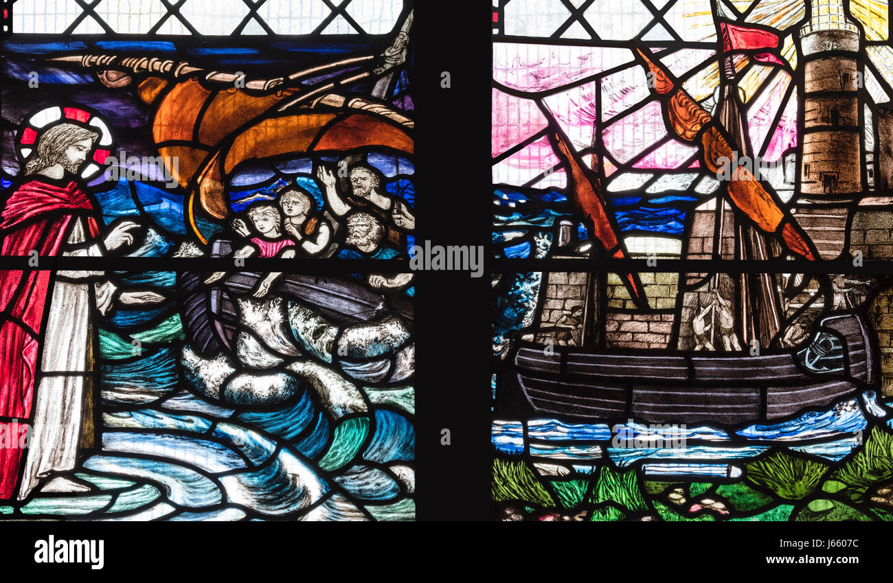 A First World War memorial window, depicting 'safety after the storm of ...