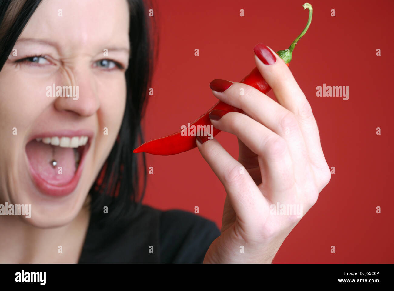 woman indicate show hold pepperoni shouting red shout spice witty ...