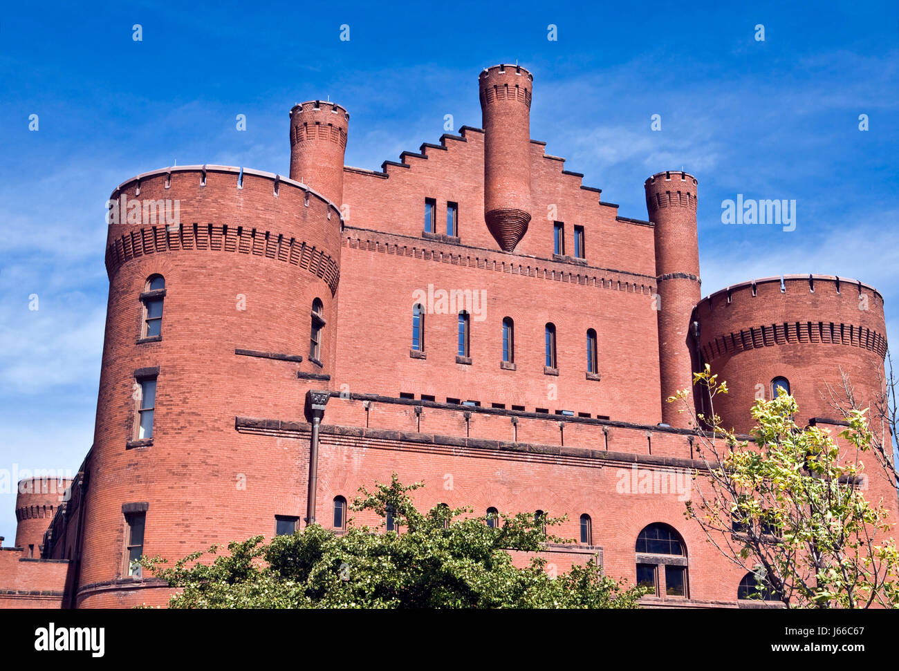 tree trees brick castle old armory firmament sky red building chateau ...