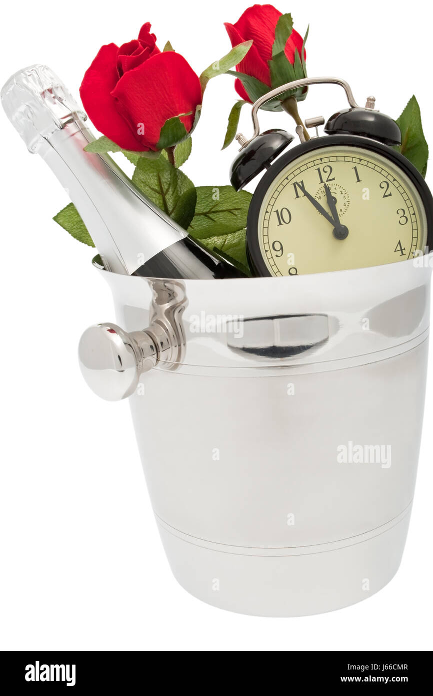 clock roses alarm clock champagne bottle indoor photo drink flower rose ...