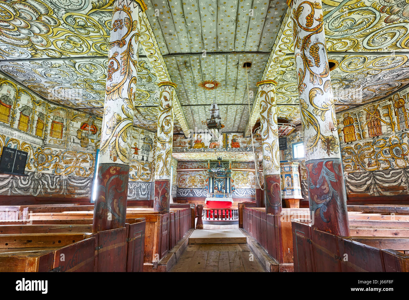 Traditional norwegian wooden church interior. Stordal stavkyrkje ...