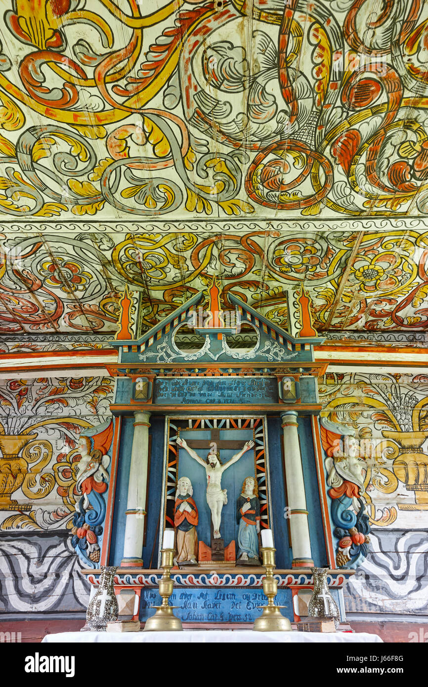 Traditional norwegian wooden church interior. Altar detail. Stordal ...