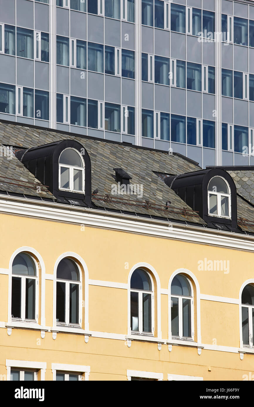 Modern and antique classic buildings facades. Norway. Europe. Vertical ...