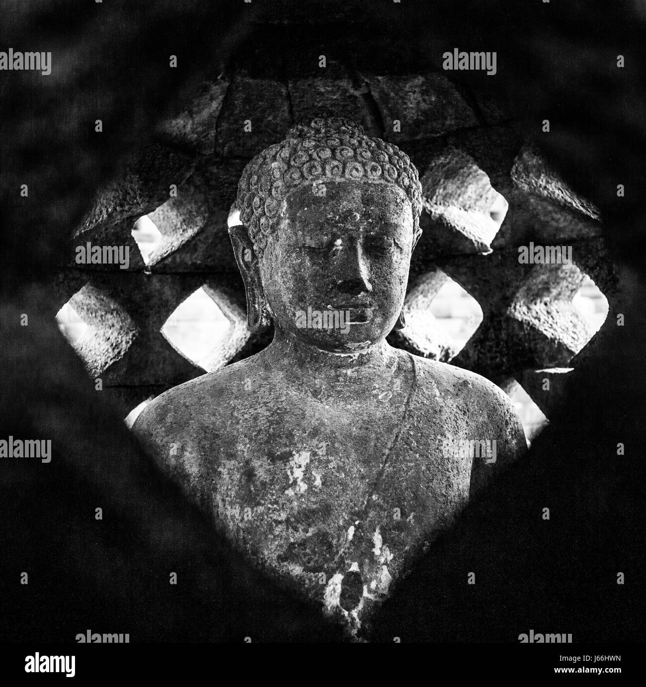 Buddha statues at the top of Borobudur Temple in Indonesia. The island ...