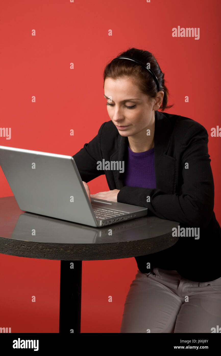 woman blue laptop notebook computers computer laugh laughs laughing ...