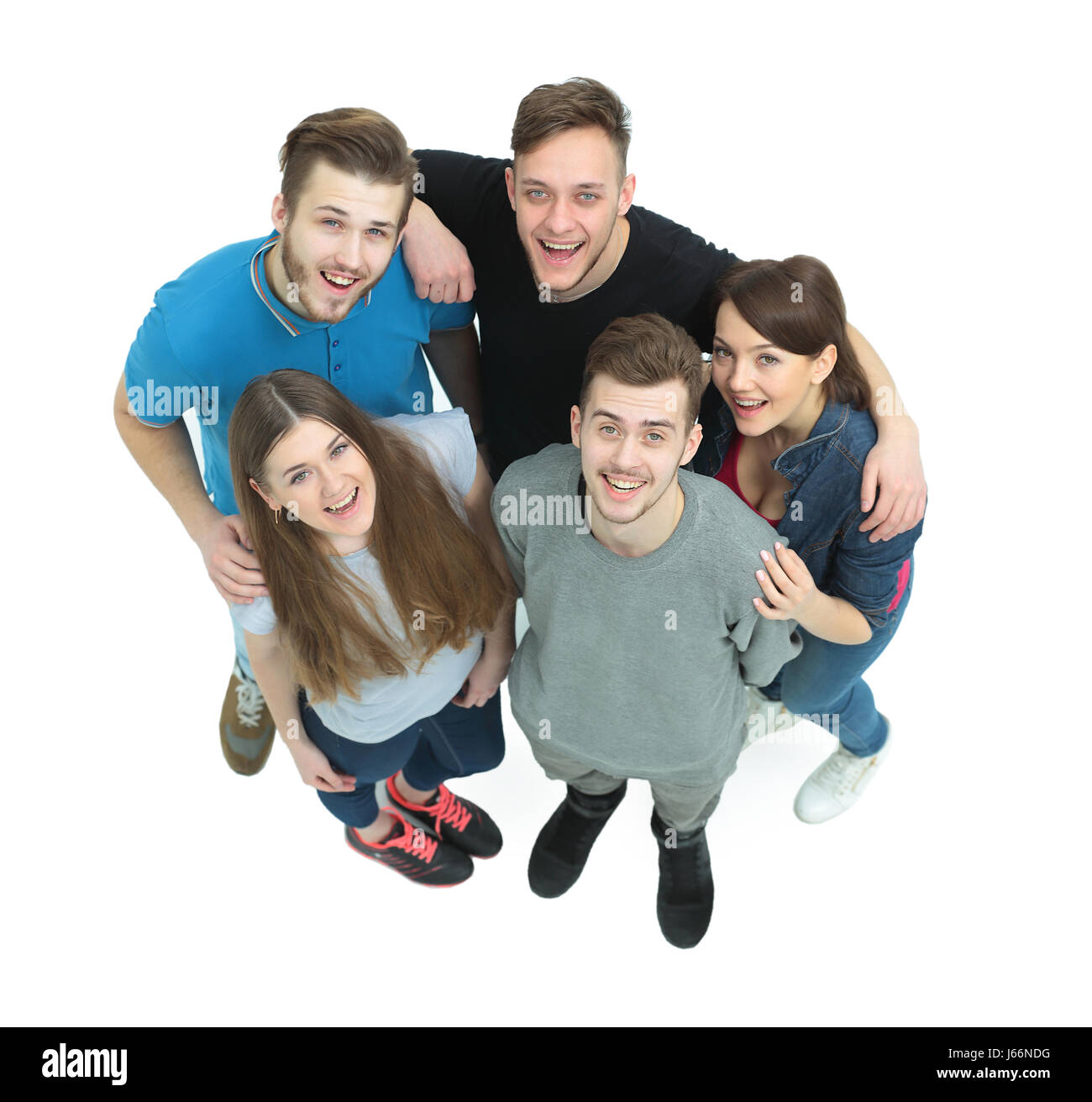 view from the top.closeup of a student team of five people standing ...