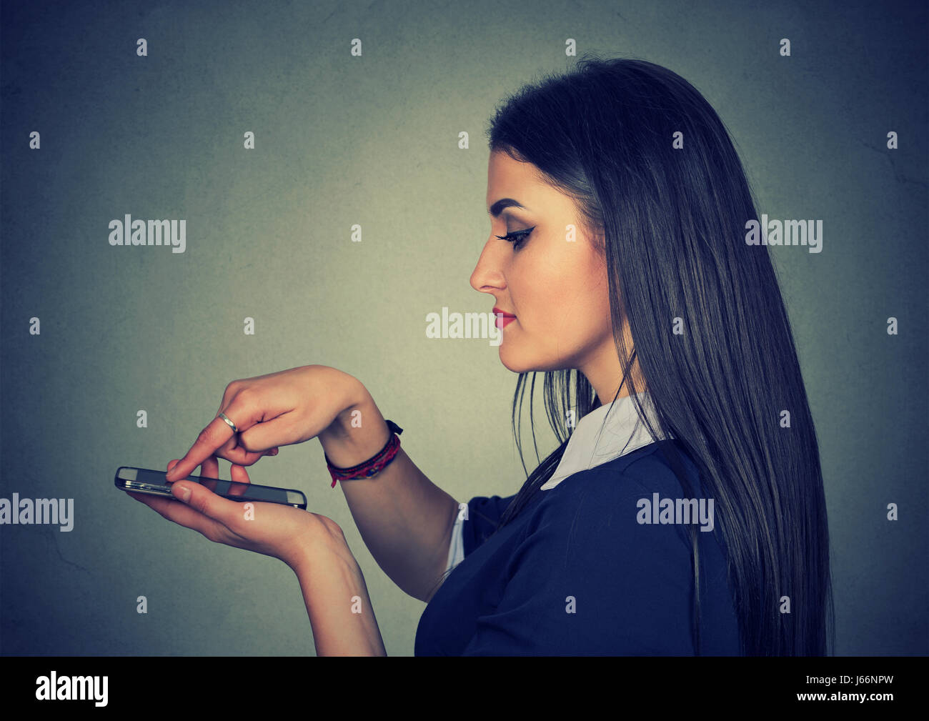 Woman touching screen on modern mobile smart phone Stock Photo - Alamy
